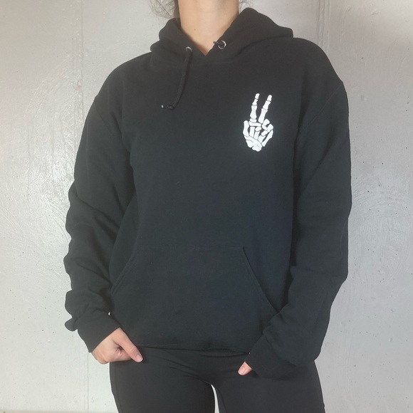 Bowery Supply Co | Tops | Skeleton Hand Peace Sign Classic Black Hooded ...